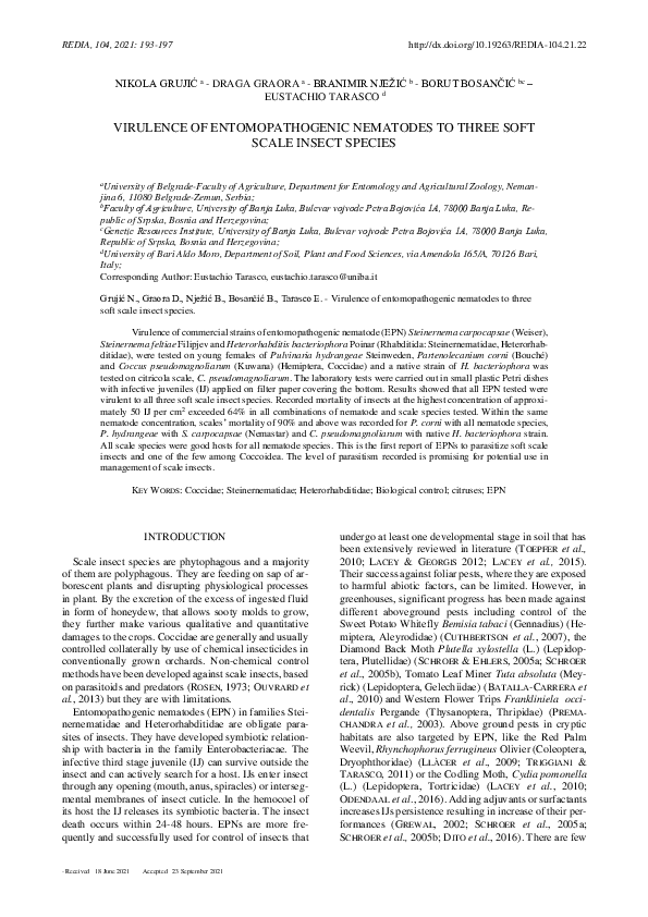 (PDF) Virulence of Entomopathogenic Nematodes to Three Soft Scale Insect Species