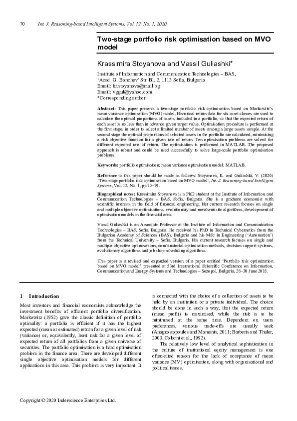 (PDF) Two-stage portfolio risk optimisation based on MVO model | Vassil ...