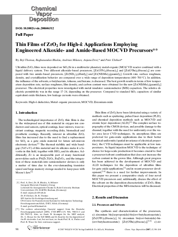 (PDF) Thin Films of ZrO2 for High-k Applications Employing Engineered ...