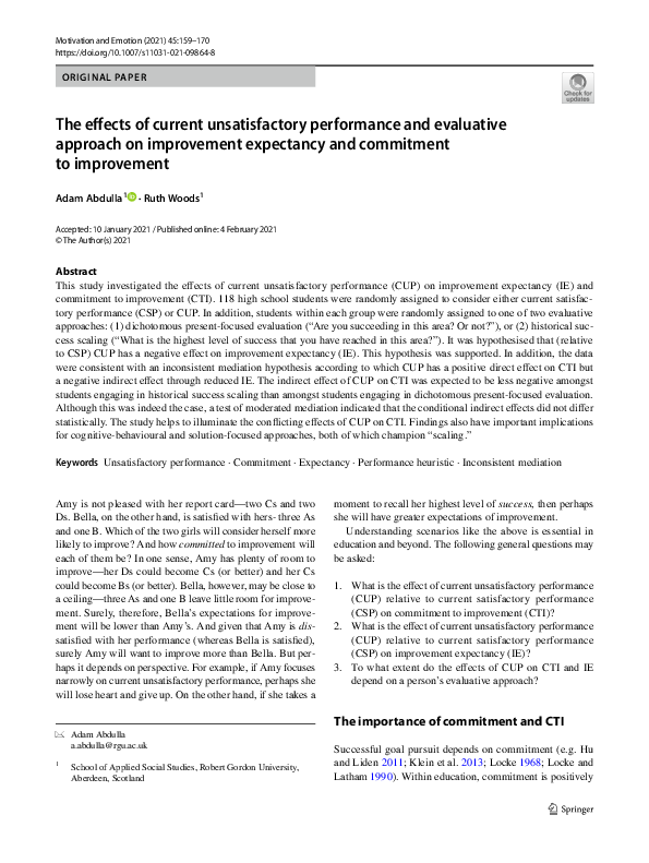 (PDF) The effects of current unsatisfactory performance and evaluative ...