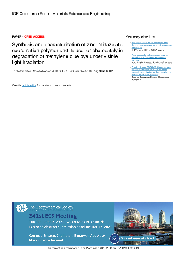 (PDF) Synthesis and characterization of zinc-imidazolate coordination polymer and its use for ...