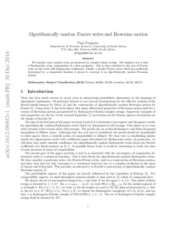 (PDF) Algorithmically random Fourier series and Brownian motion