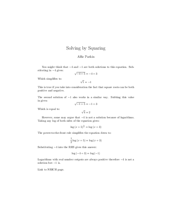 (PDF) Solving by Squaring | Alfie Parkin - Academia.edu