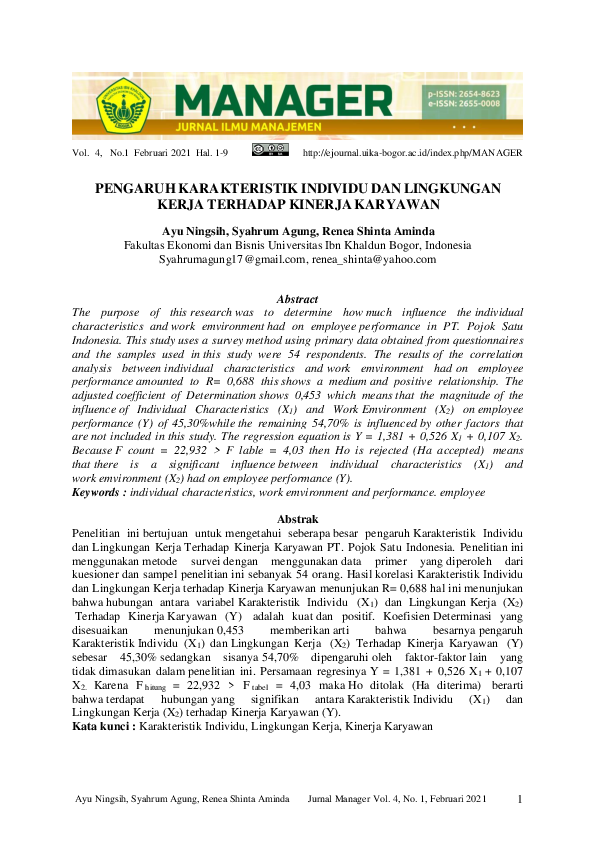 (PDF) Pengaruh Karakteristik Individu Dan Lingkungan Kerja Terhadap Kinerja Karyawan