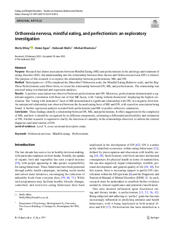 (PDF) Orthorexia nervosa, mindful eating, and perfectionism: an exploratory investigation