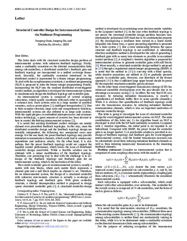Pdf Structured Controller Design For Interconnected Systems Via Nonlinear Programming
