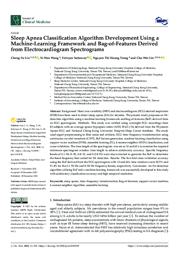 (PDF) Sleep Apnea Classification Algorithm Development Using a Machine ...