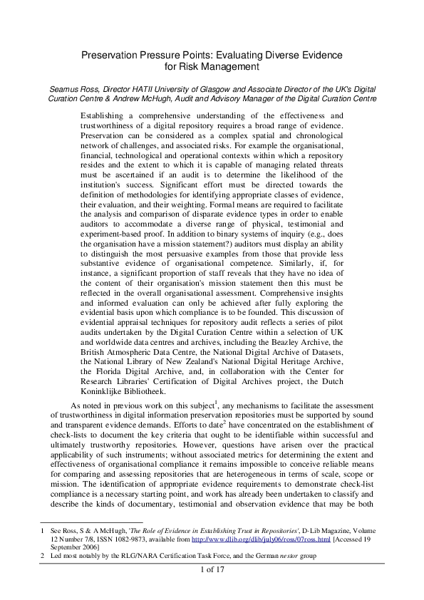 (PDF) Preservation Pressure Points: Evaluating Diverse Evidence for ...