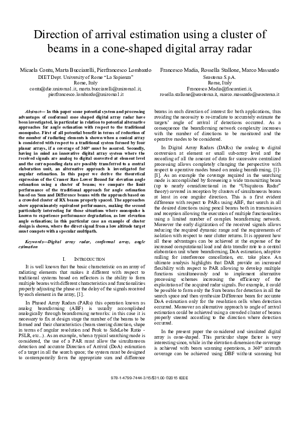Pdf Direction Of Arrival Estimation Using A Cluster Of Beams In A Cone Shaped Digital Array Radar