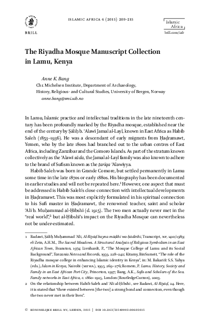 (PDF) The Riyadha Mosque Manuscript collection in Lamu, Kenya