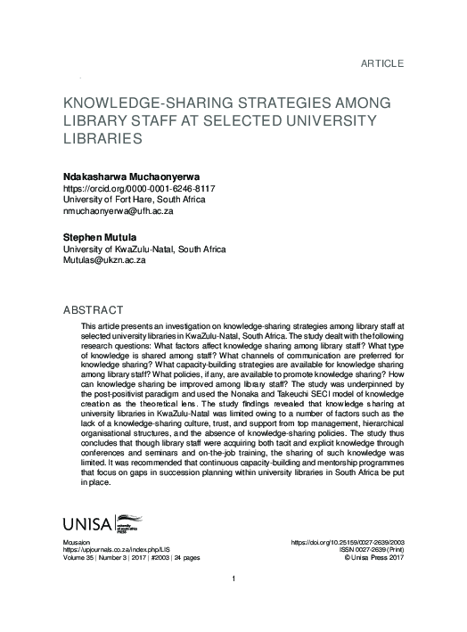 (PDF) Knowledge-Sharing Strategies among Library Staff at Selected University Libraries