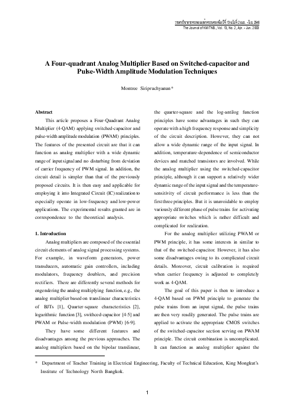 (PDF) A four-quadrant analog multiplier based on switched-capacitor and ...