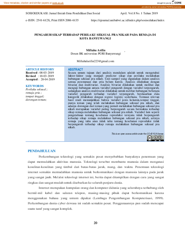 (PDF) Pengaruh Sikap Terhadap Perilaku Seksual Pra Nikah Pada Remaja DI Kota Banyuwangi