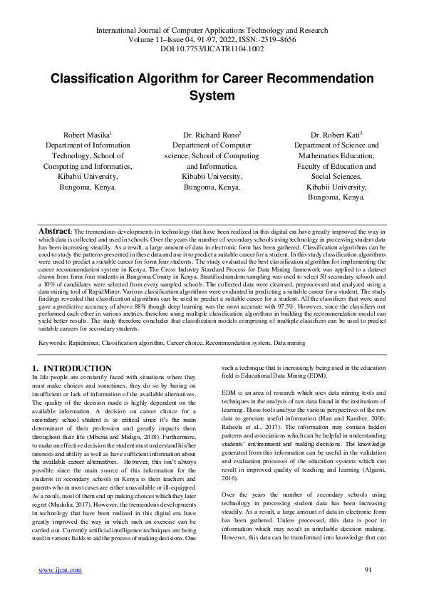 (PDF) Classification Algorithm for Career Recommendation System
