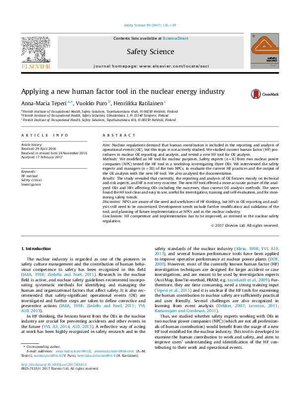 (PDF) Applying a new human factor tool in the nuclear energy industry