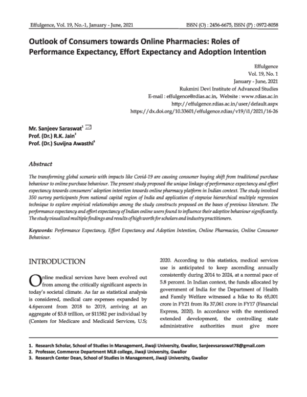 (PDF) Outlook of Consumers towards Online Pharmacies: Roles of Performance Expectancy, Effort ...