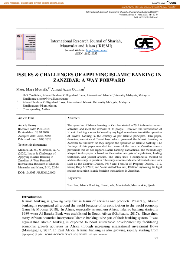 (PDF) Issues Challenges of Applying Islamic Banking in Zanzibar: A Way Forward