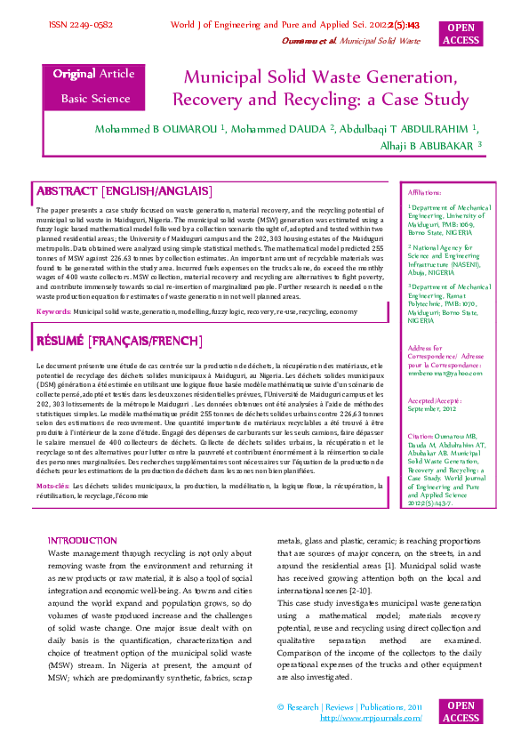 (PDF) Municipal Solid Waste Generation, Recovery and Recycling: a Case ...
