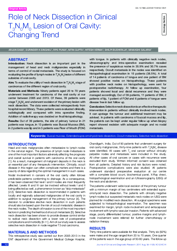 (PDF) Role of Neck Dissection in Clinical T3N0M0 Lesion of Oral Cavity ...