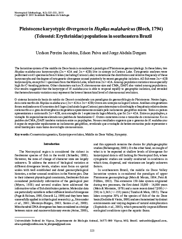 (PDF) Pleistocene karyotypic divergence in Hoplias malabaricus (Bloch ...