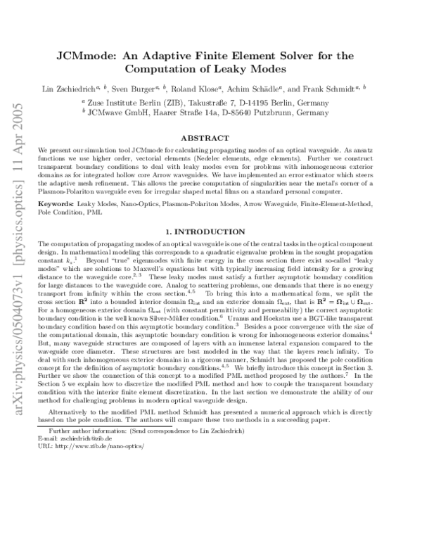 Pdf Jcmmode An Adaptive Finite Element Solver For The Computation Of Leaky Modes Lin
