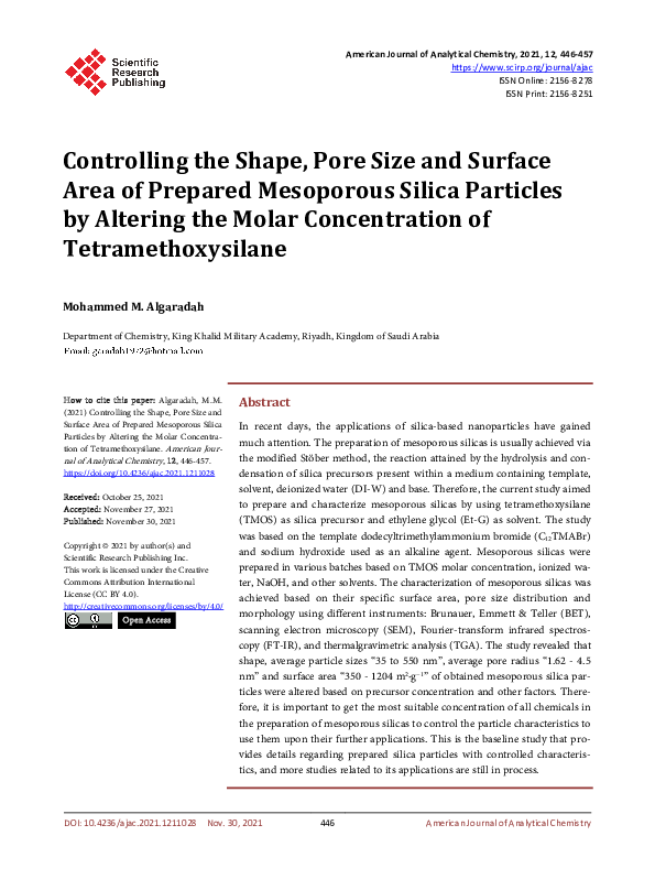 (PDF) Controlling the Shape, Pore Size and Surface Area of Prepared Mesoporous Silica Particles ...