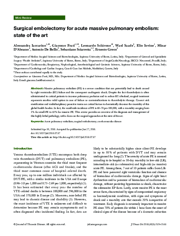 (PDF) Surgical embolectomy for acute massive pulmonary embolism: state ...