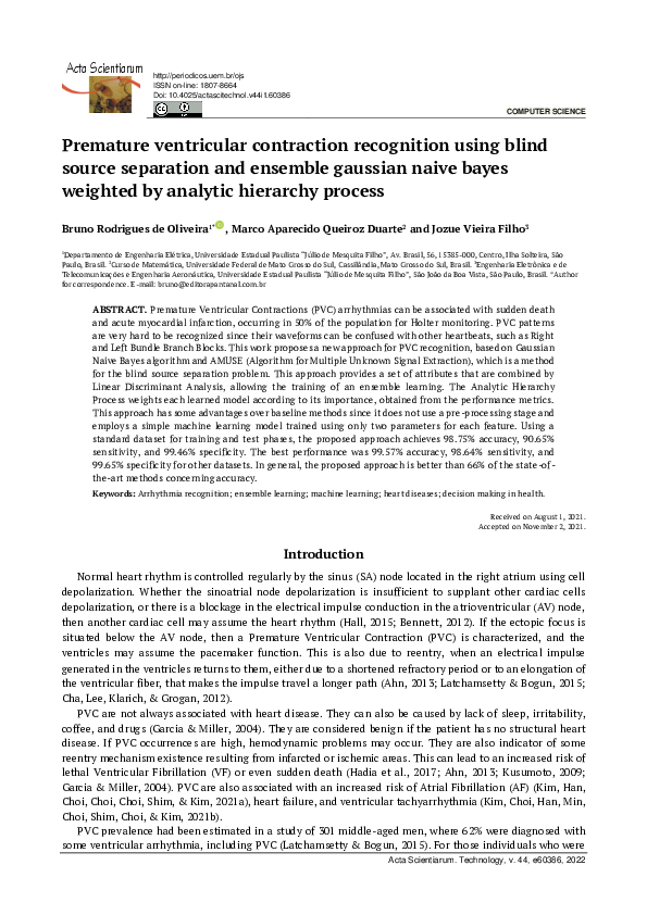 Pdf Premature Ventricular Contraction Recognition Using Blind Source Separation And Ensemble