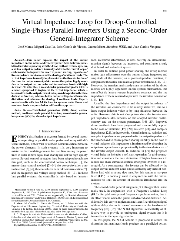 (PDF) Virtual Impedance Loop for Droop-Controlled Single-Phase Parallel Inverters Using a Second ...