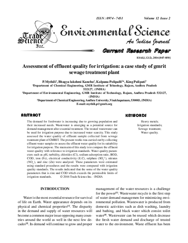 (PDF) Current Research Paper Assessment of effluent quality for ...