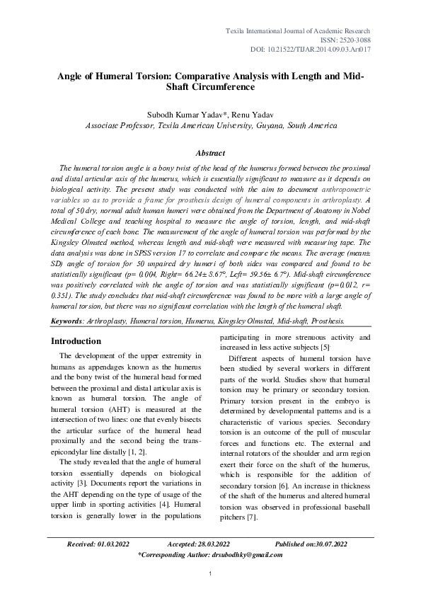 (PDF) Angle of Humeral Torsion: Comparative Analysis with Length and Mid-Shaft Circumference