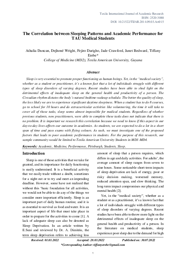 (PDF) The Correlation between Sleeping Patterns and Academic Performance for TAU Medical Students