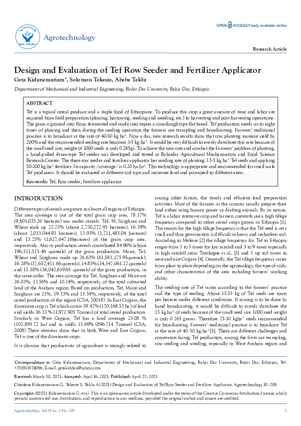 (PDF) Design and Evaluation of Tef Row Seeder and Fertilizer Applicator