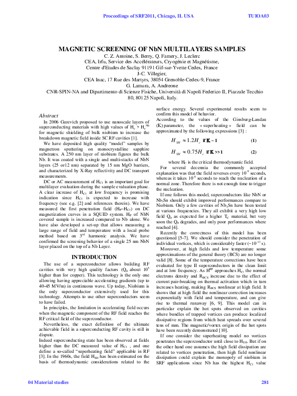 (PDF) Magnetic Screening of NbN Multilayers and Their Performance