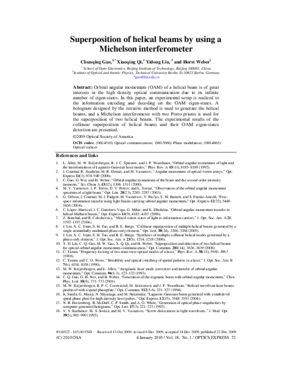 Pdf Superposition Of Helical Beams By Using A Michelson Interferometer