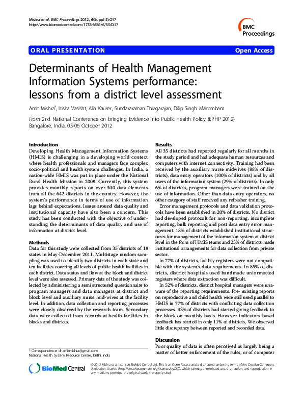(PDF) Determinants of Health Management Information Systems performance: lessons from a district ...