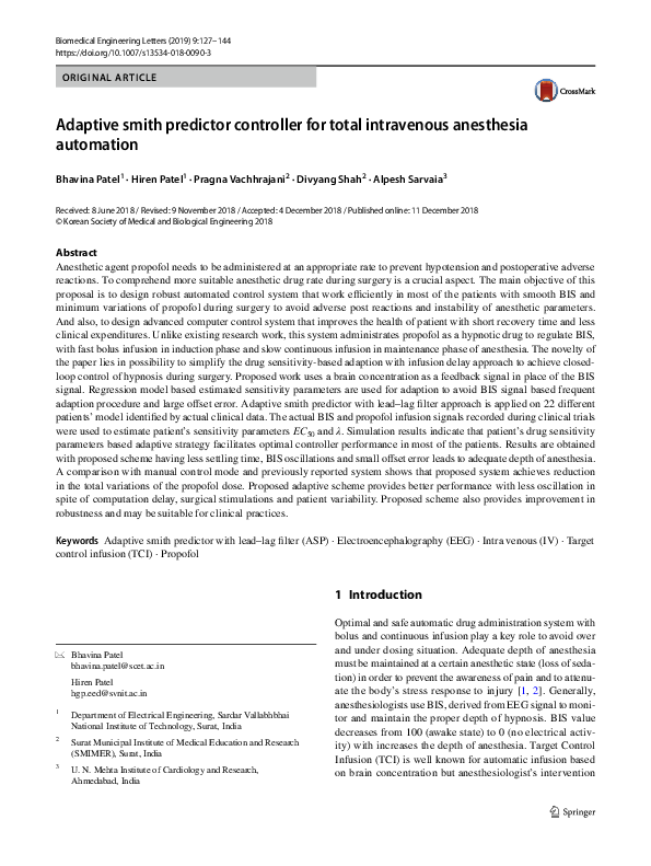 Pdf Adaptive Smith Predictor Controller For Total Intravenous Anesthesia Automation