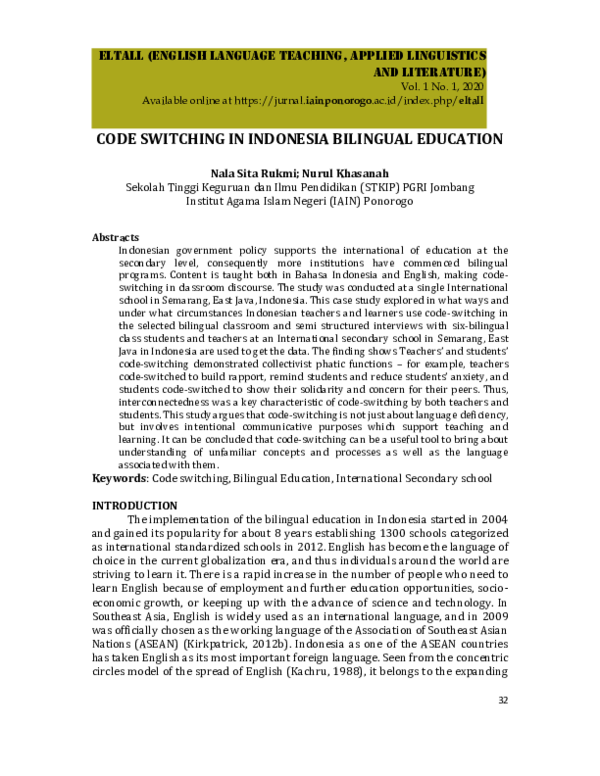 (PDF) Code Switching in Indonesia Bilingual Education