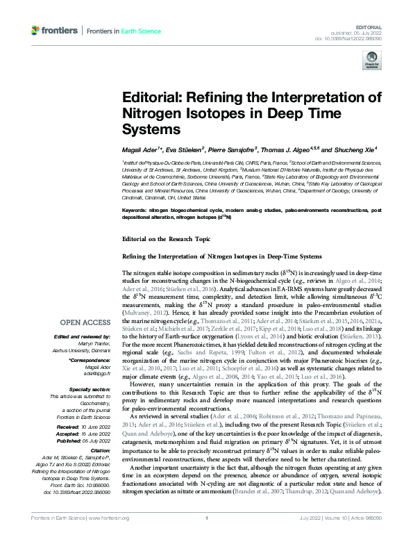 (PDF) Editorial: Refining the Interpretation of Nitrogen Isotopes in Deep Time Systems