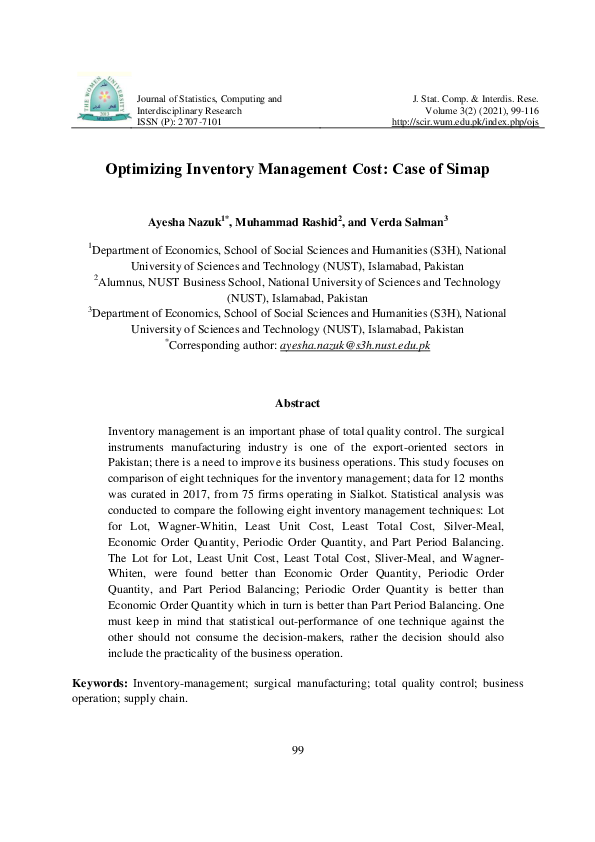(PDF) Optimizing Inventory Management Cost: Case of Simap