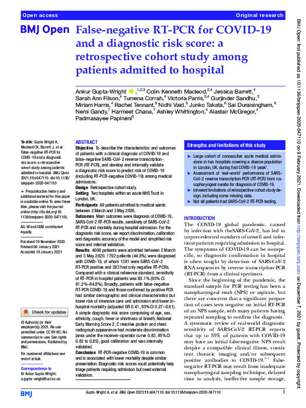 (PDF) False-negative RT-PCR for COVID-19 and a diagnostic risk score: a ...