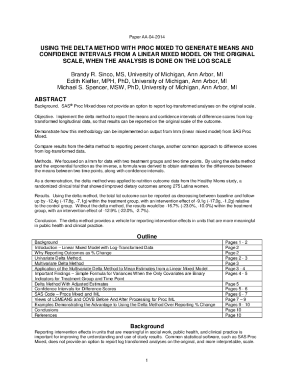 Pdf Using The Delta Method With Proc Mixed To Generate Means And