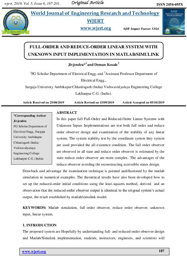 (PDF) Full-Order and Reduce-Order Linear System with Unknown Input ...
