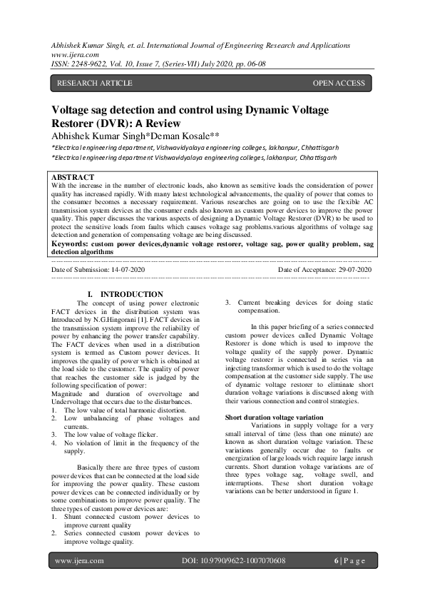 Pdf Voltage Sag Detection And Control Using Dynamic Voltage Restorer