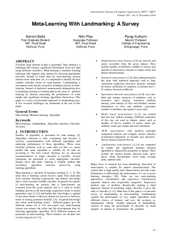 (PDF) Meta-Learning with Landmarking: A Survey