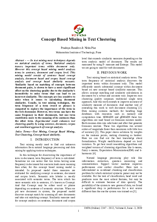 Pdf Concept Based Mining In Text Clustering Nitin Pise