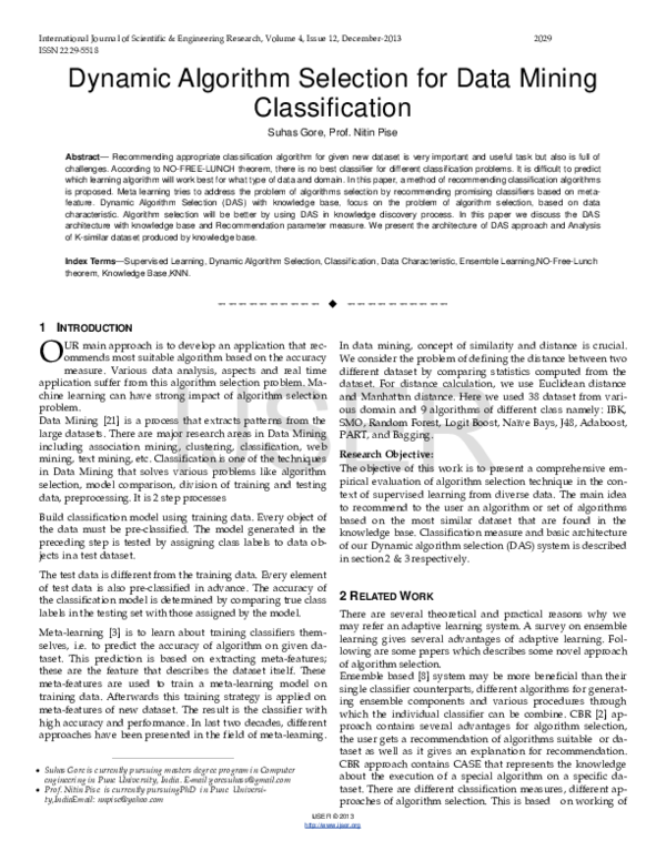 (PDF) Dynamic Algorithm Selection for Data Mining