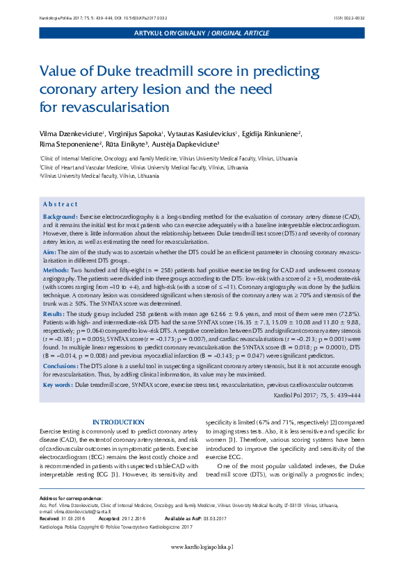 Value of Duke treadmill score in predicting coronary artery lesion and ...