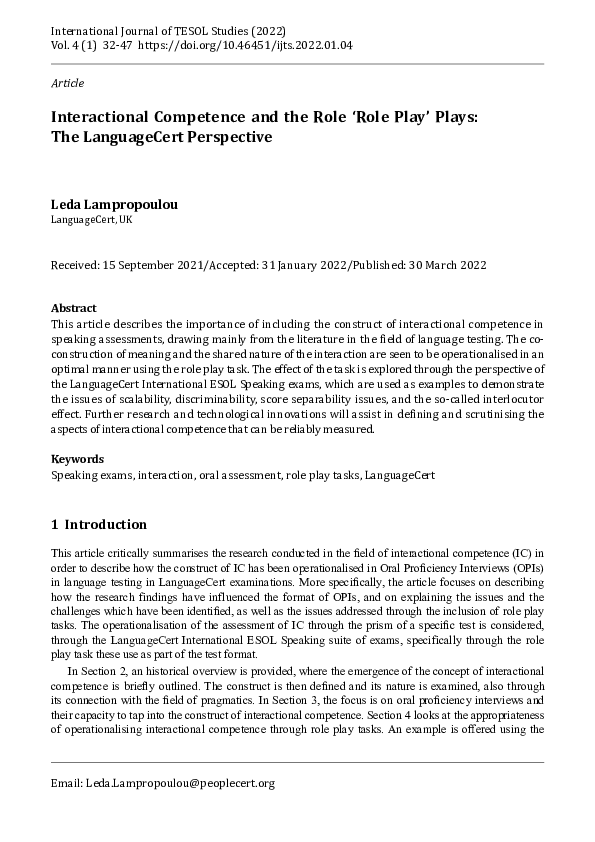 (PDF) Interactional Competence and the Role 'Role Play' Plays: The LanguageCert Perspective