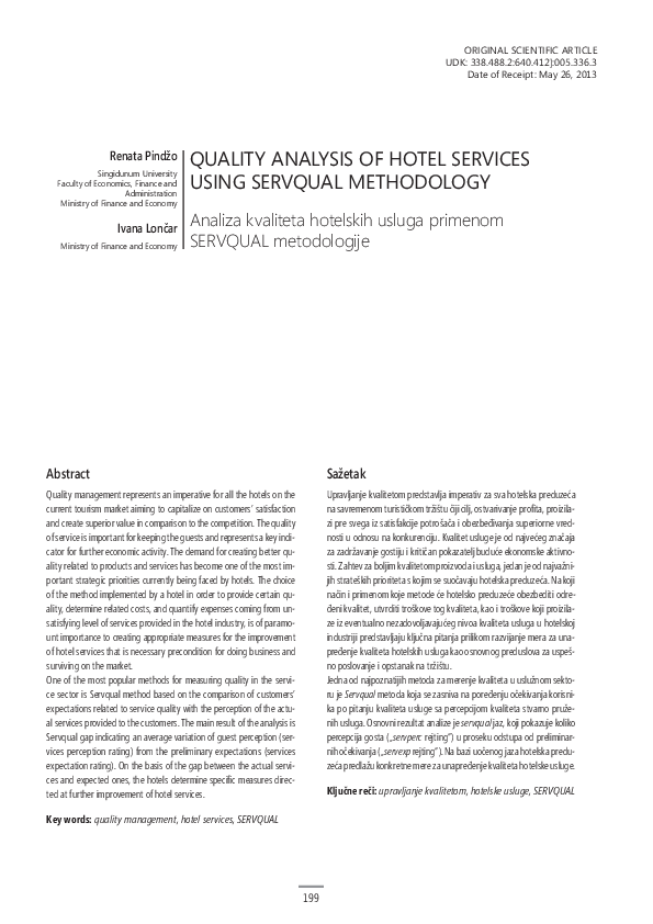 (PDF) Quality analysis of hotel services using SERVQUAL methodology